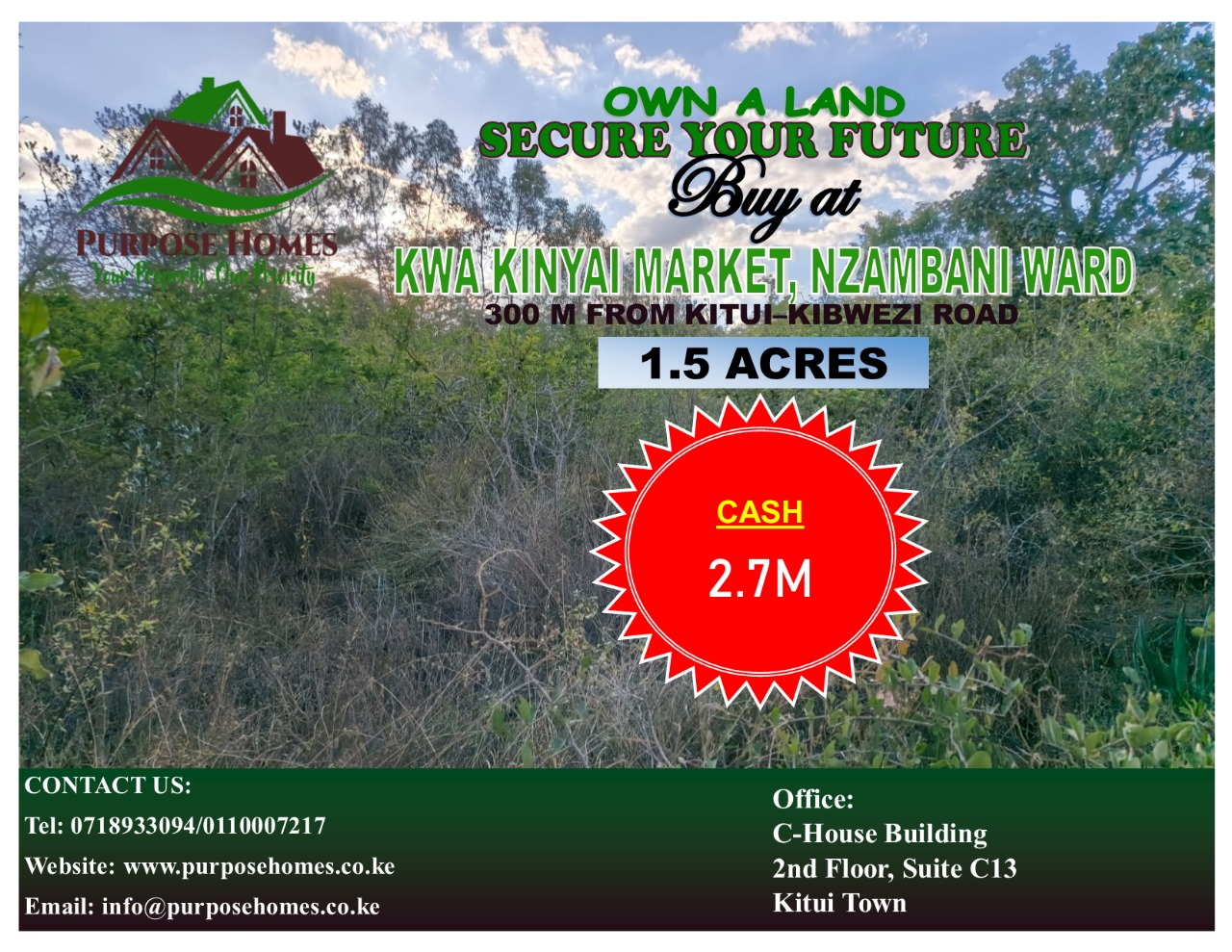 1.5 Acres at Kwa Kinyai, Nzambani Ward, Kitui. – Purposes Homes